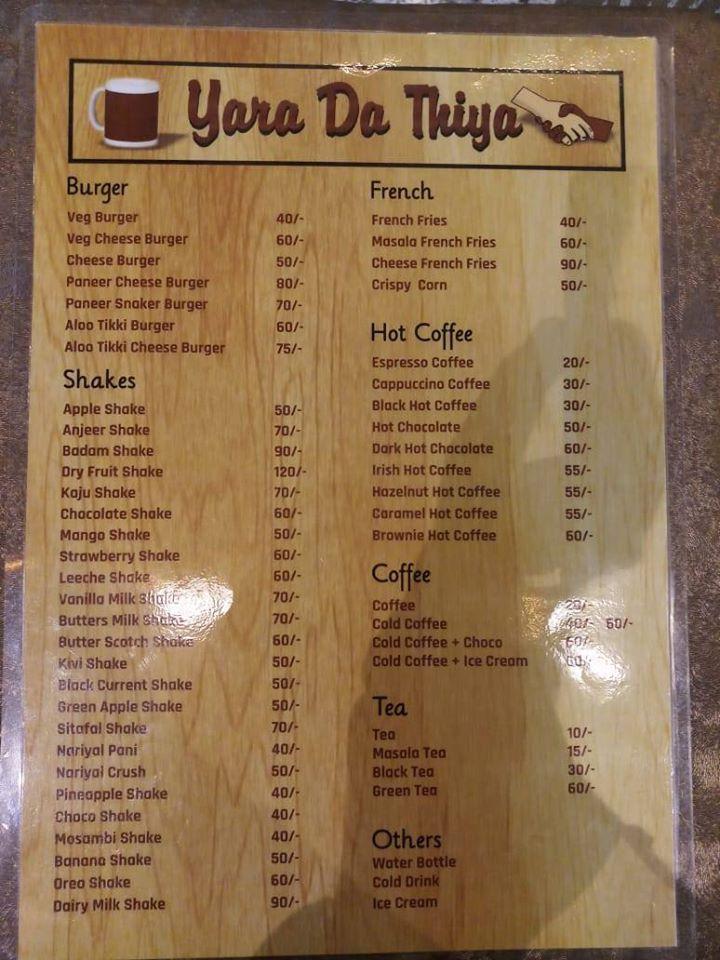 Menu at YARA DA THIYA, Indore