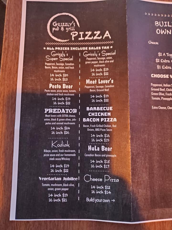 Menu at Grizzly’s Pub & Grill, Two Rivers