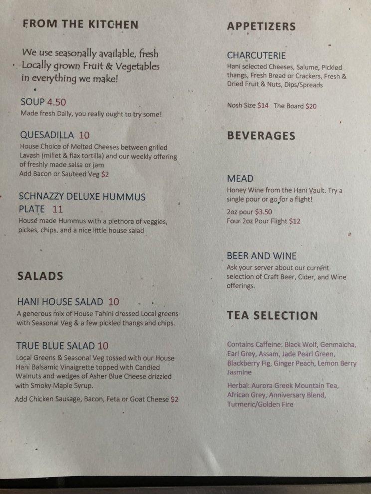 Menu at Hani Honey Company cafe, Stuart