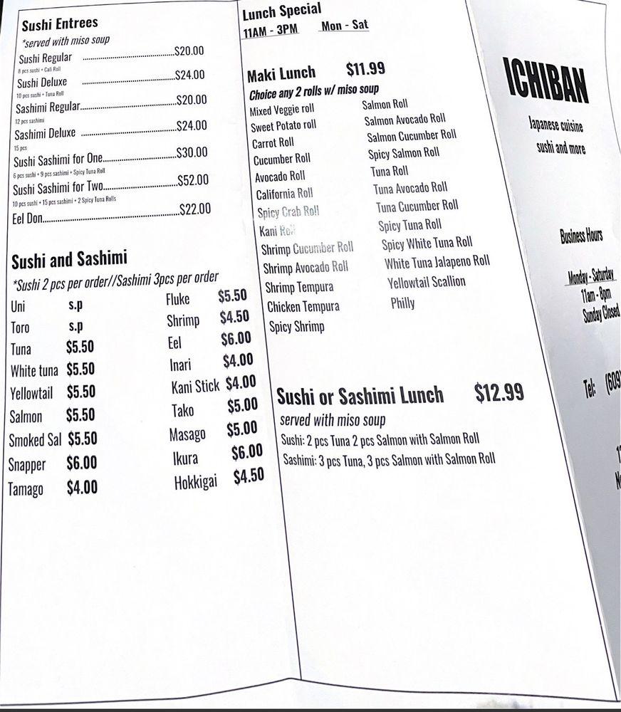 Menu at Ichiban Japanese Cuisine restaurant, Northfield
