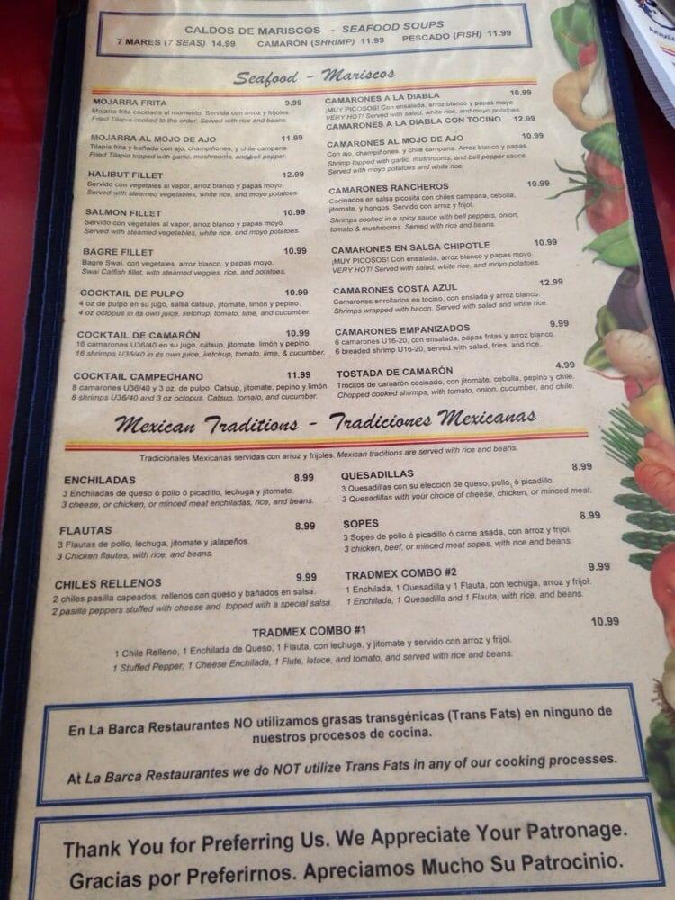 Carta de La Barca Restaurantes, Pico Rivera