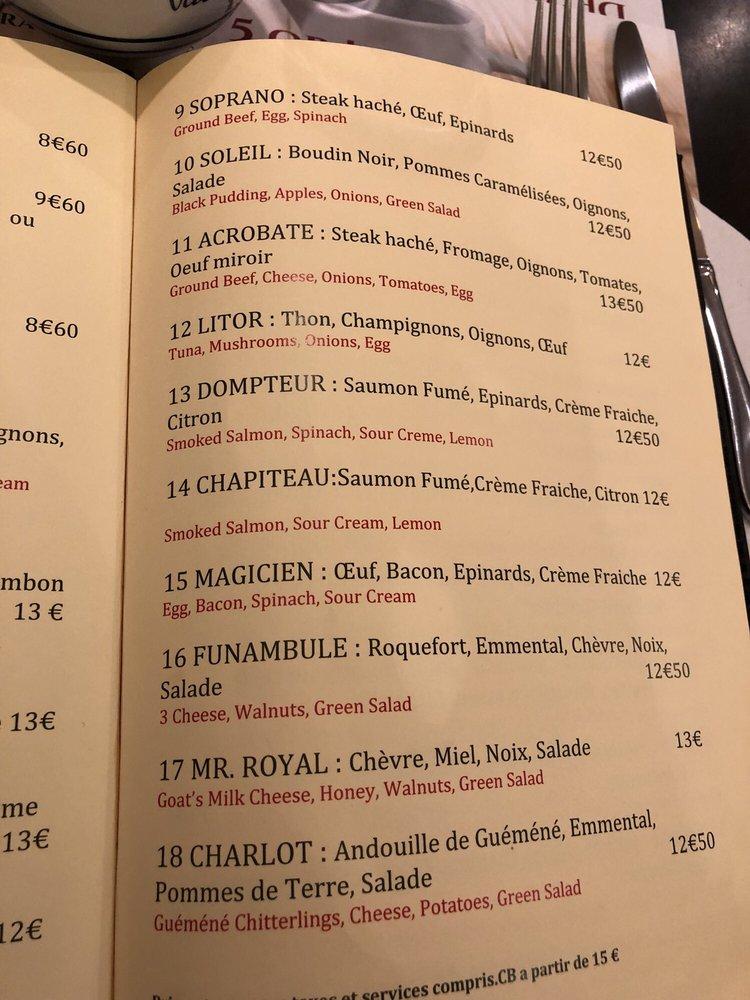 Menu at La Crêperie du Clown restaurant, Paris, 6 Rue des Canettes