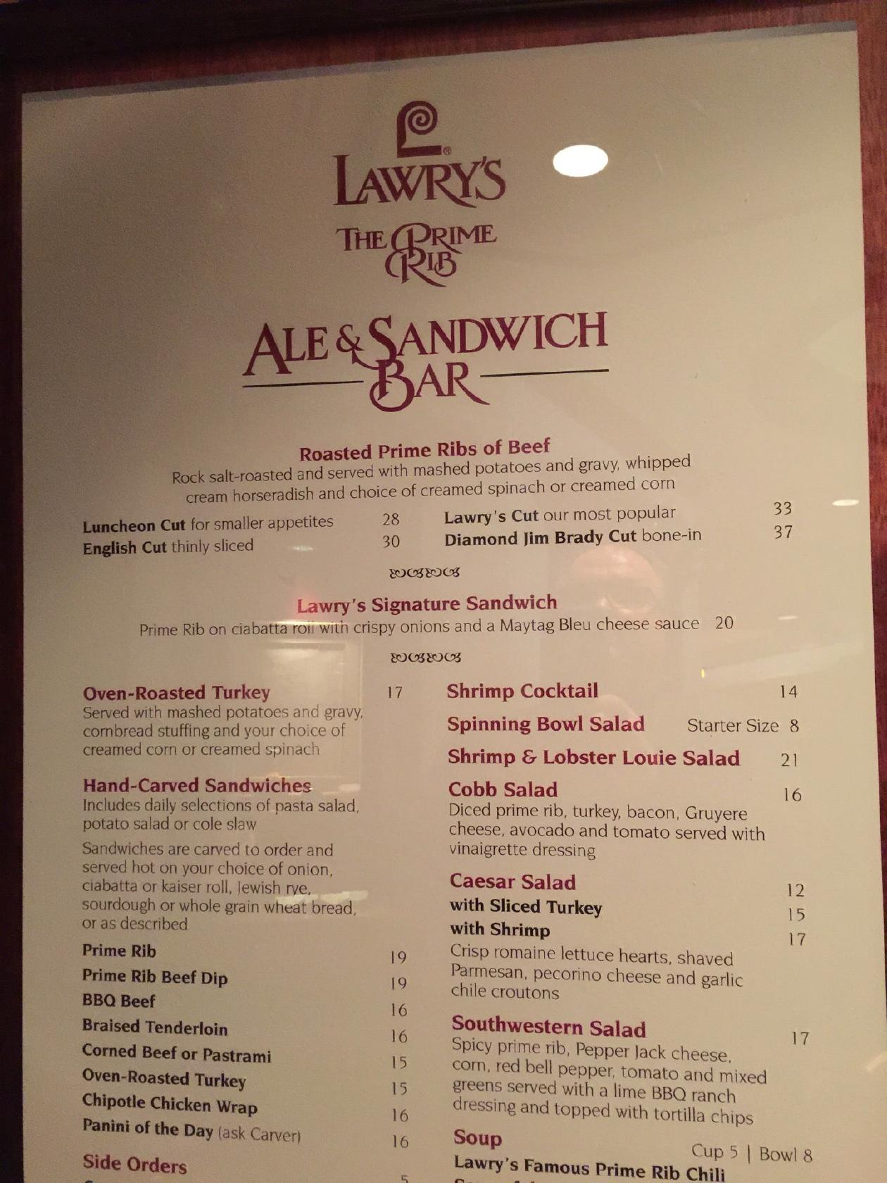 Menu at Lawry's The Prime Rib steakhouse, Dallas