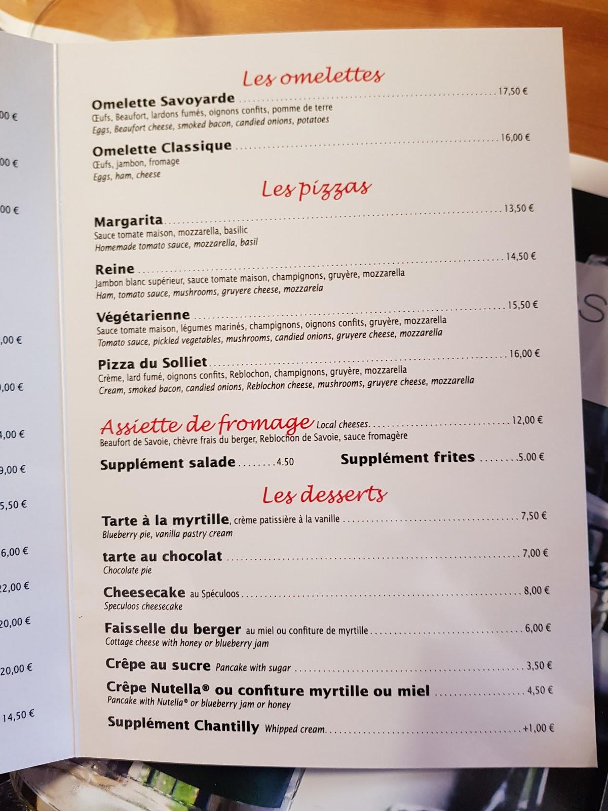 Menu au Le Solliet restaurant, Villaroger, Situé sous Arc 2000 Sous Arc ...