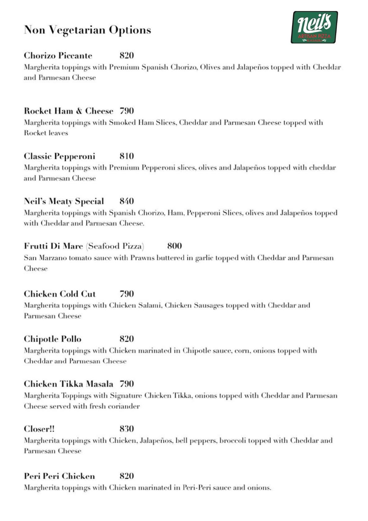 Menu at Neil's Artisan Pizza, Kasauli