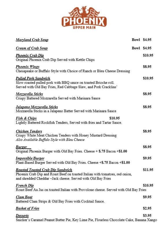 Menu at Phoenix Upper Main pub & bar, Ellicott City