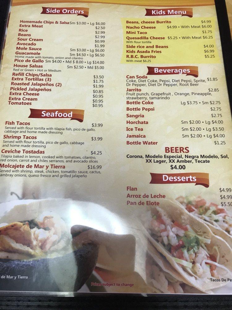 Menu at Rico's Mexican Food restaurant, Portola