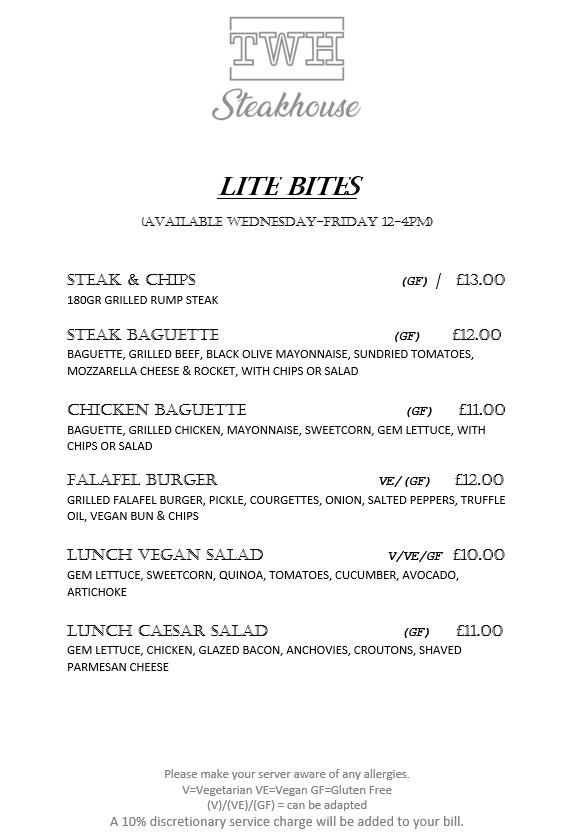 Menu at TWH Steakhouse, Ingatestone