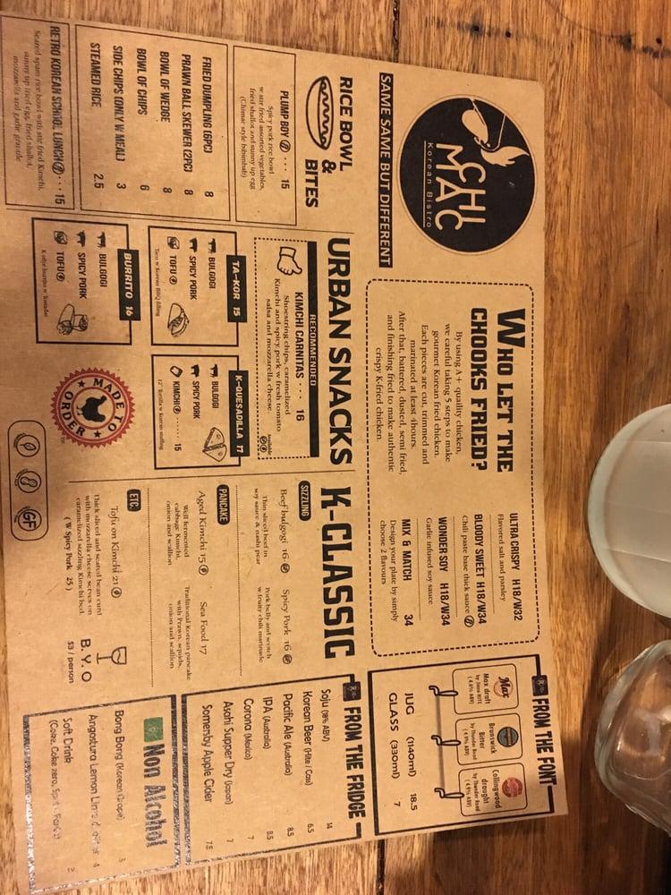 Menu at Chimac restaurant, West Melbourne