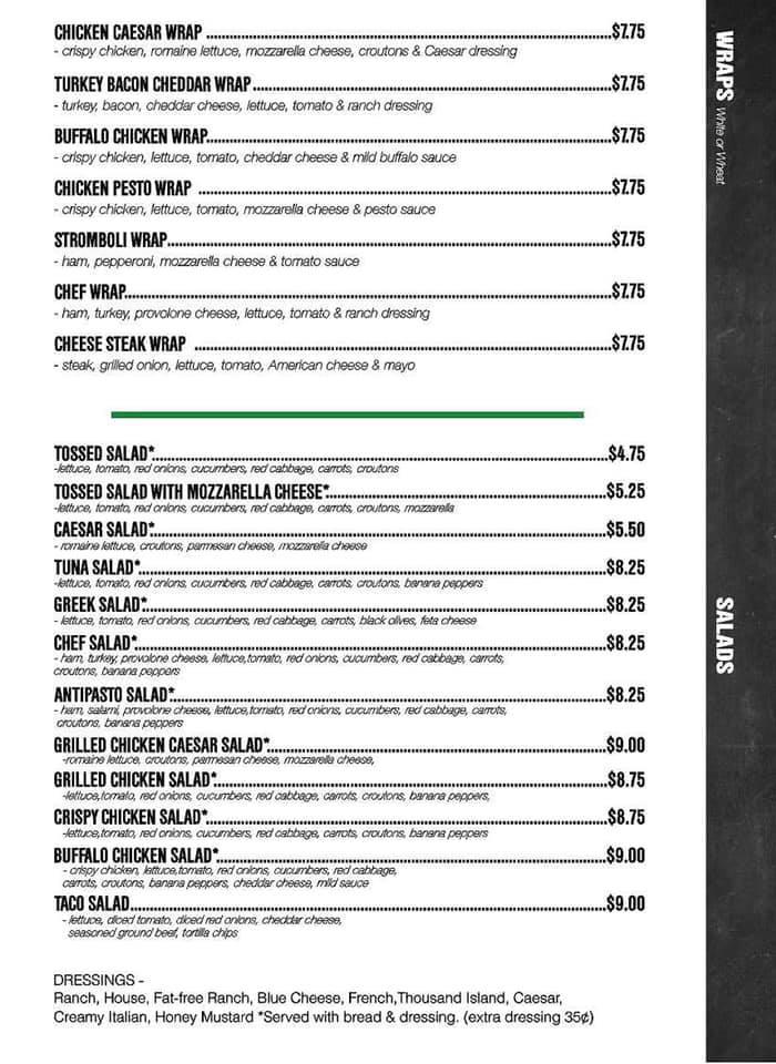 Menu at Frank's Pizza restaurant, Mont Alto