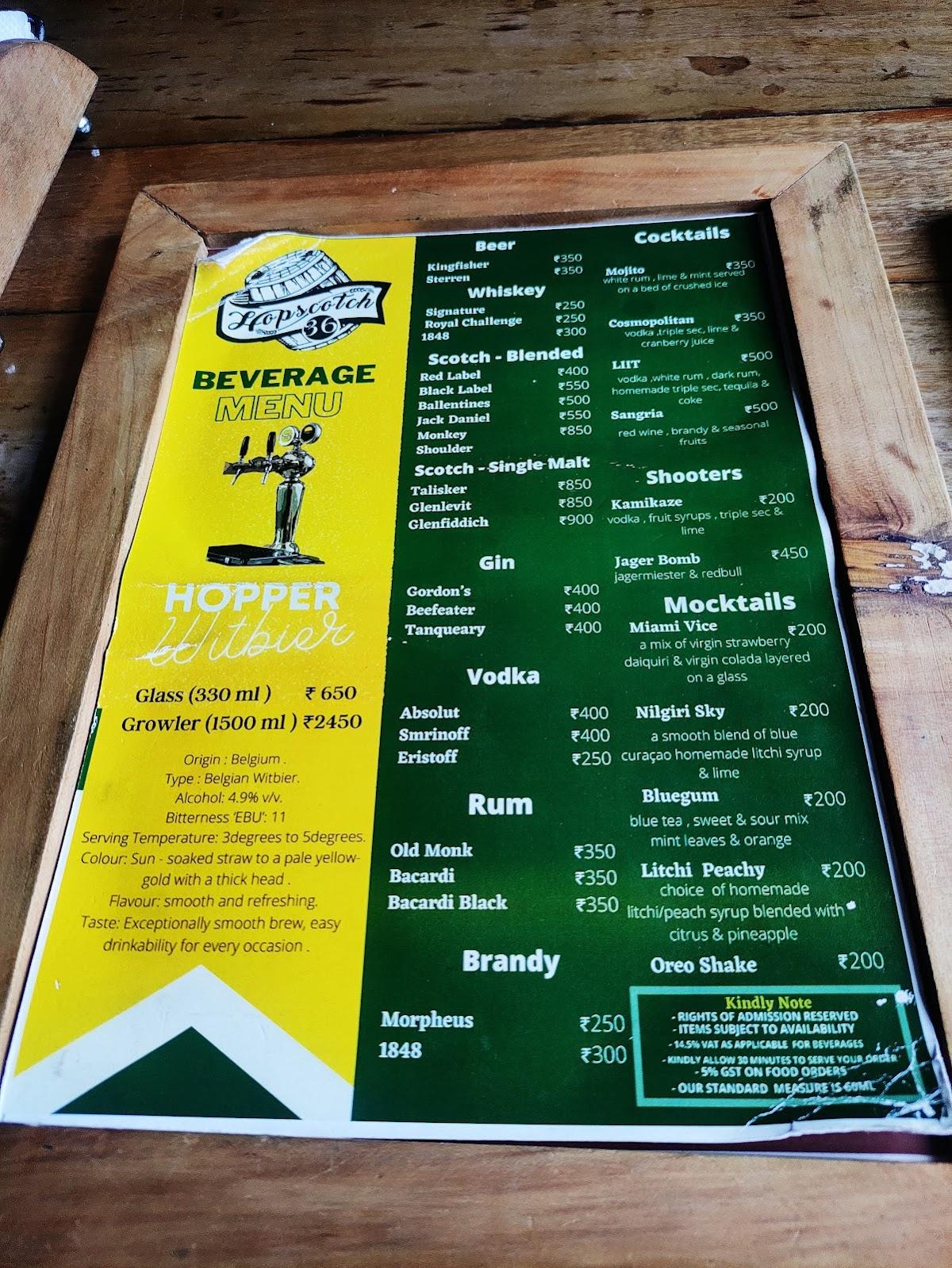 Menu at Hopscotch, Coonoor