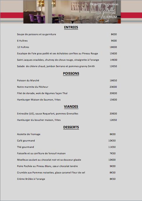 Menu au Hôtel Napoléon restaurant, Île-d'Aix