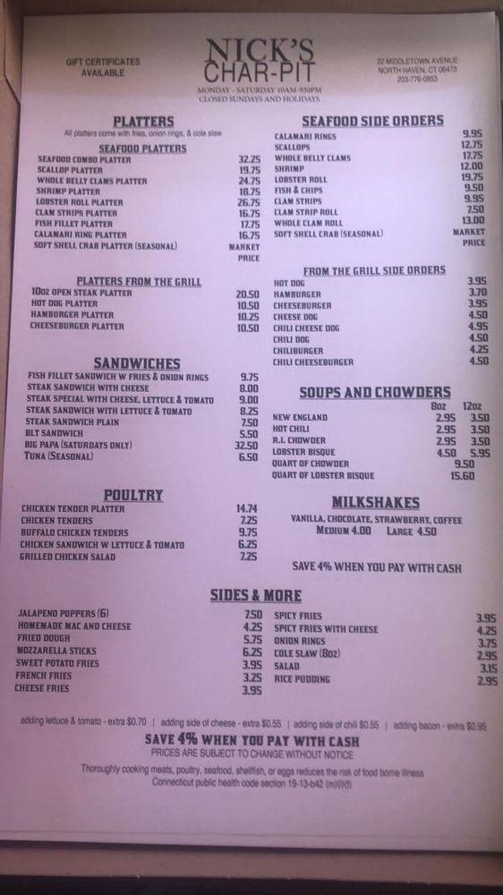 Menu at Nick's Char Pit fast food, North Haven