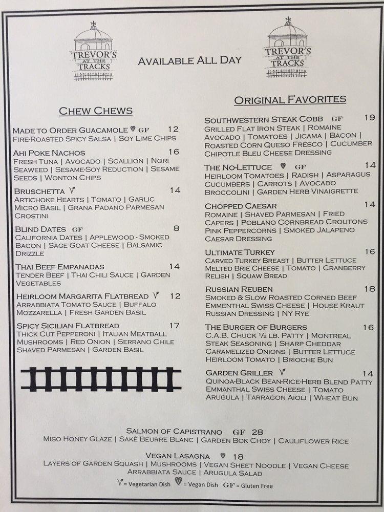 Menu at Trevor's at the Tracks pub & bar, San Juan Capistrano