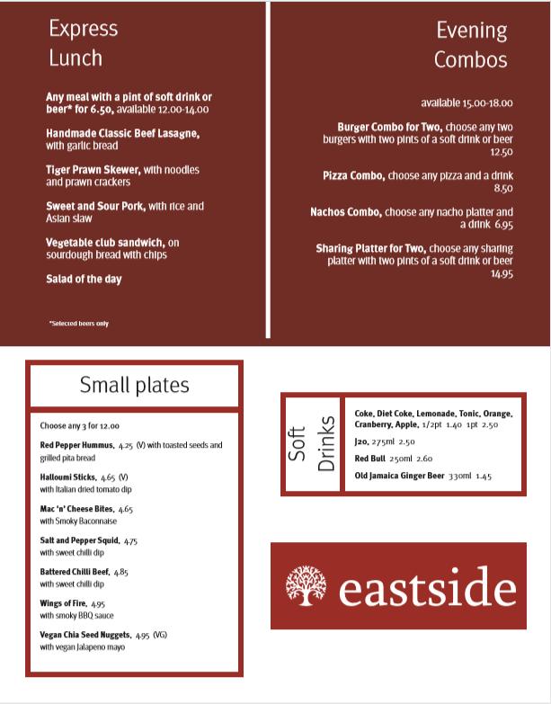 Menu at Eastside Restaurant and Bar, London, Imperial College