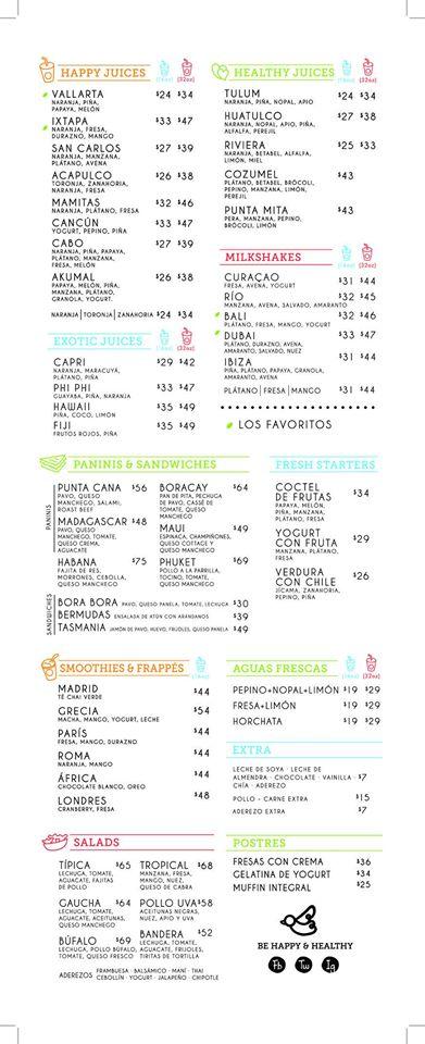Menu at Happy Juice restaurant, Monterrey, Avenida Constitución