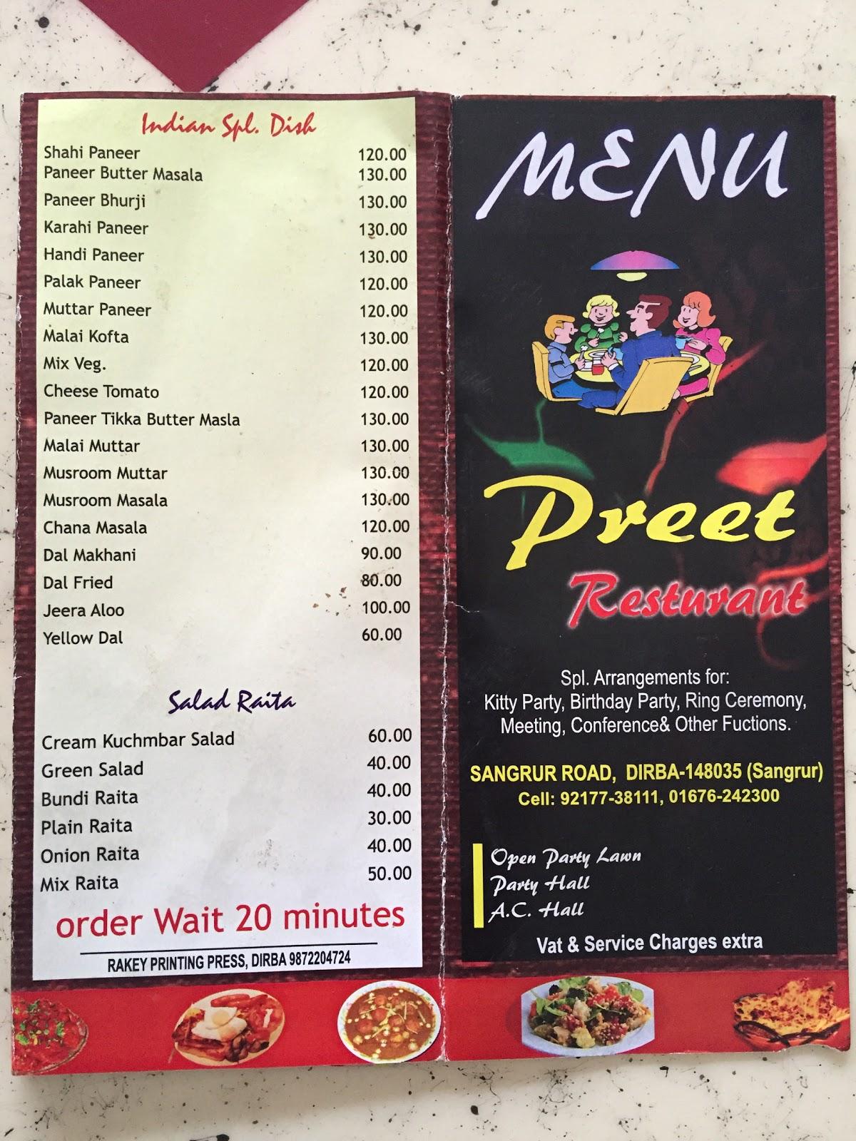 Menu at Preet Restaurant, India