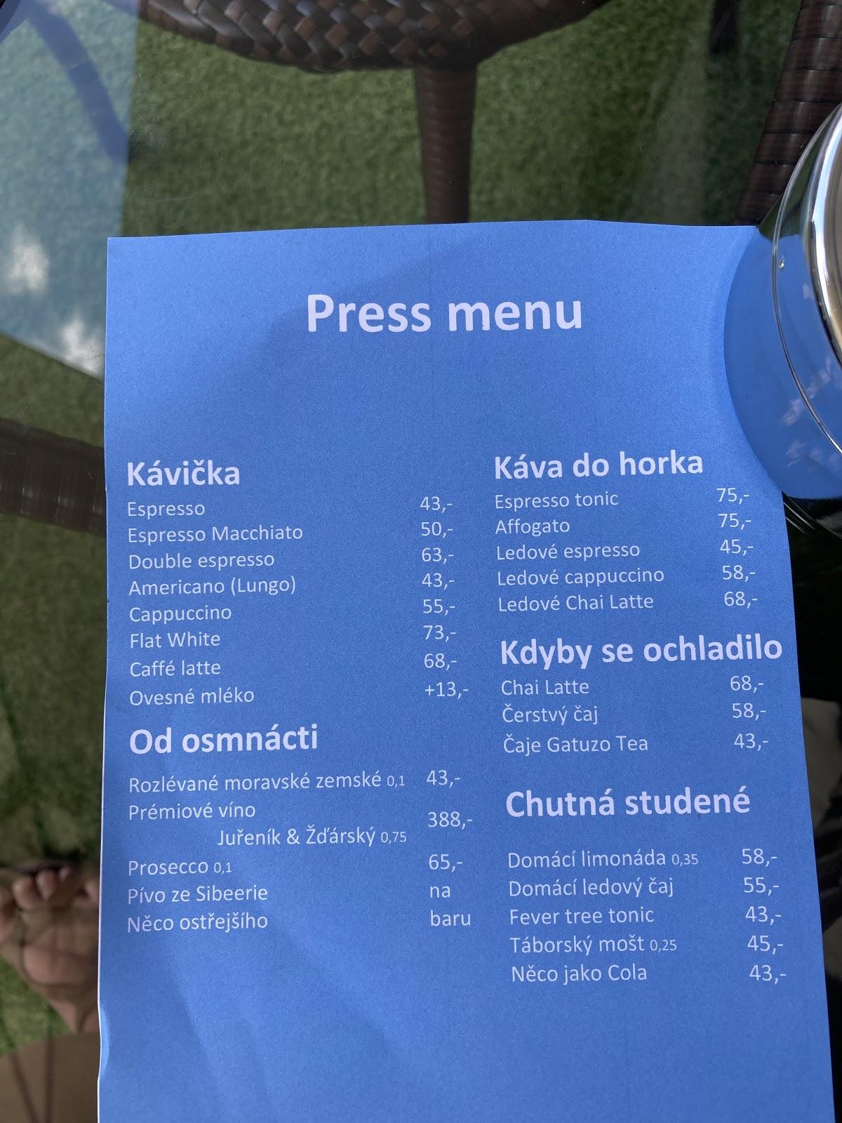 Menu at Press Cafe, Prague
