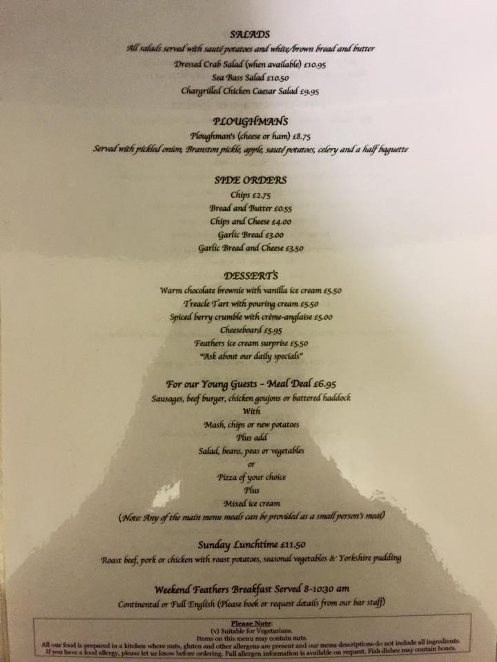 Menu at The Feathers Hotel pub & bar, Dersingham