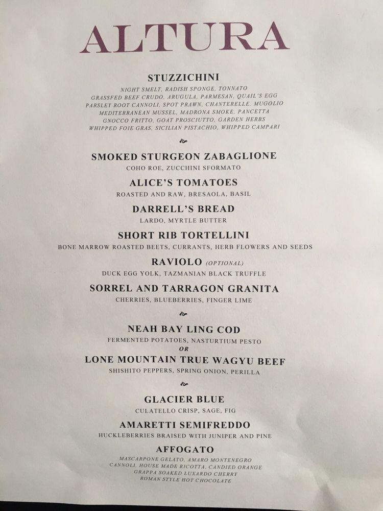 Menu at Altura restaurant, Seattle