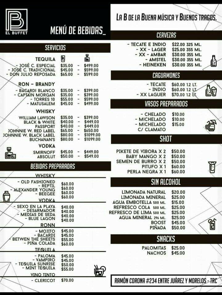 Menu at Antro bar el buffet, Torreón