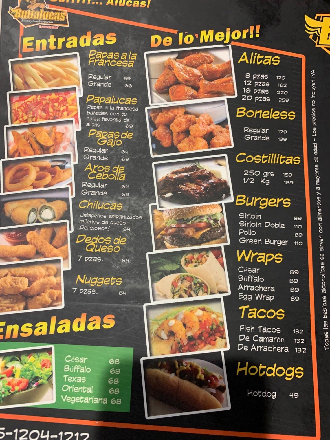 Menu at Buffalucas fast food, Mexico City, Fernando Montes de Oca 38-A