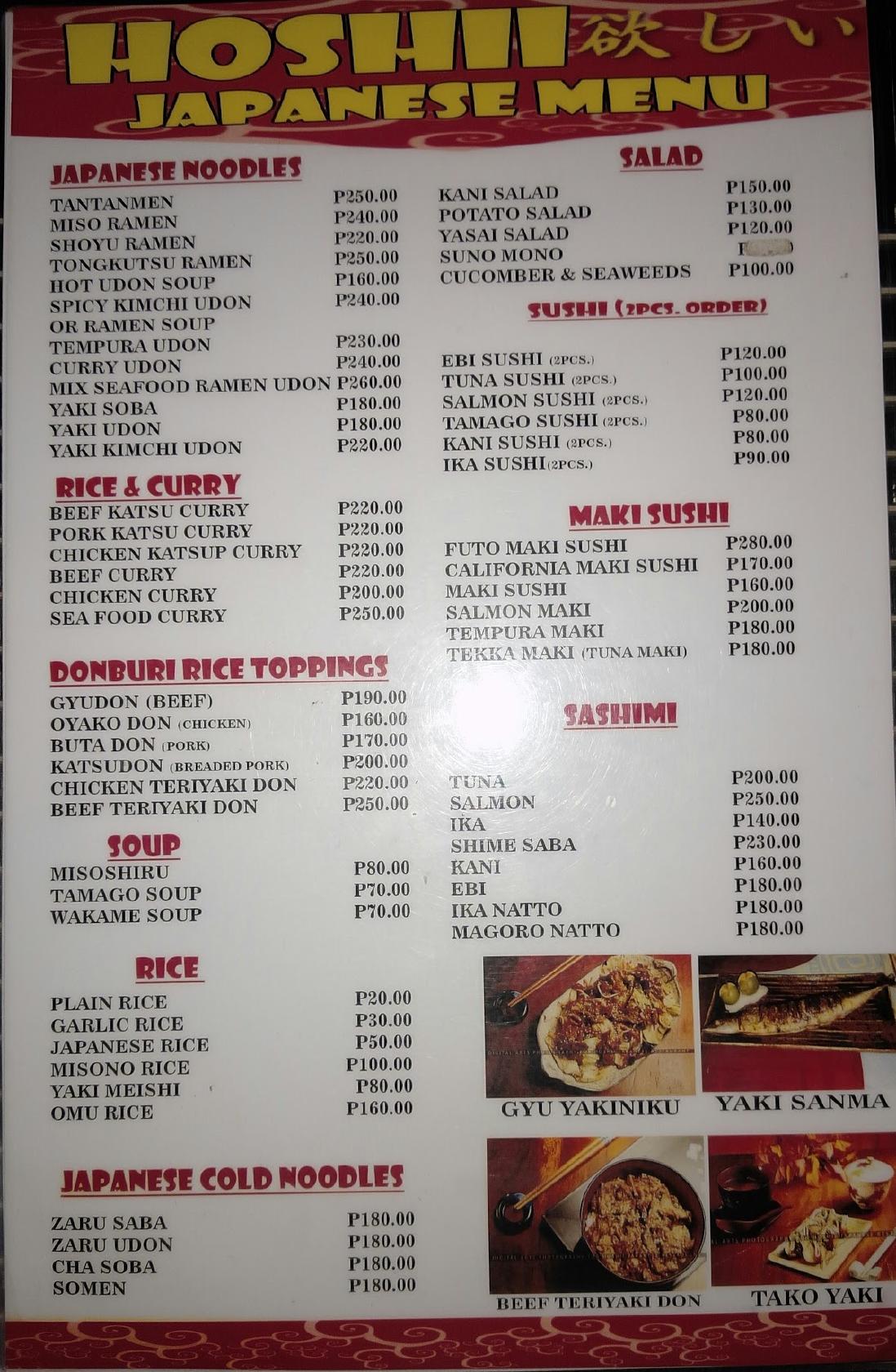 Menu at Hoshii restaurant, Bacolod