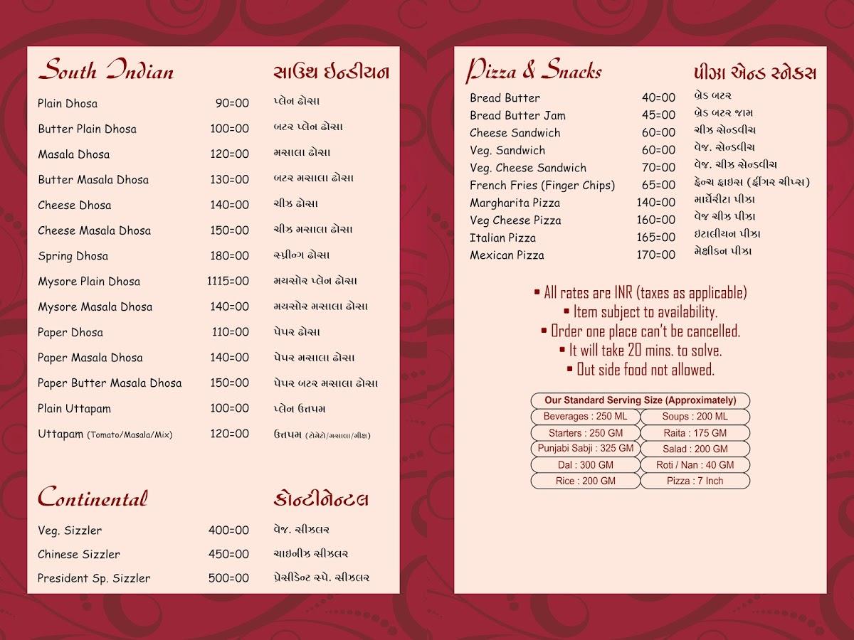 Menu at Hotel President, Rajula