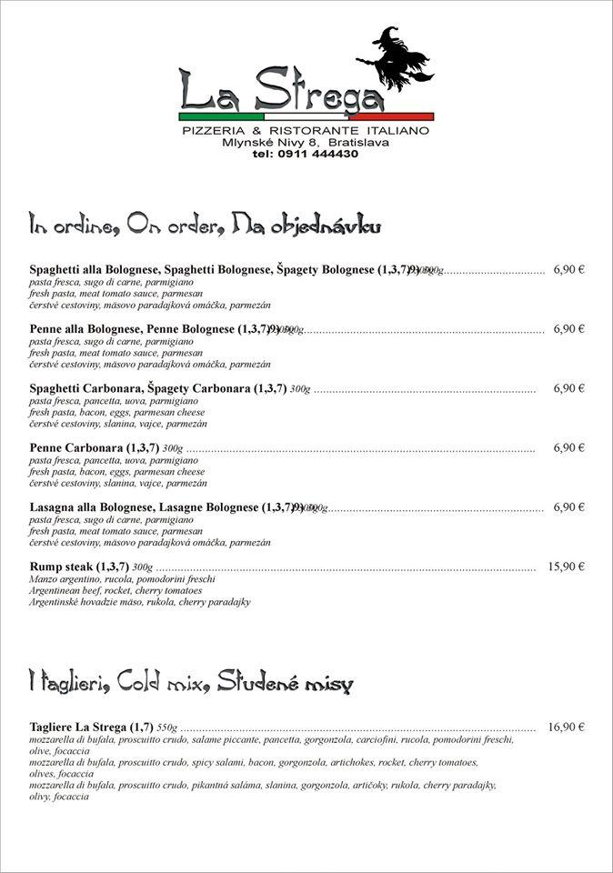 Menu at La Strega Pizzeria - Pizza Napoletana, Bratislava