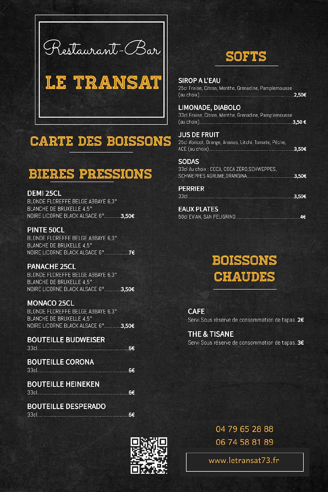 Menu at Le Transat pub & bar, Chambéry
