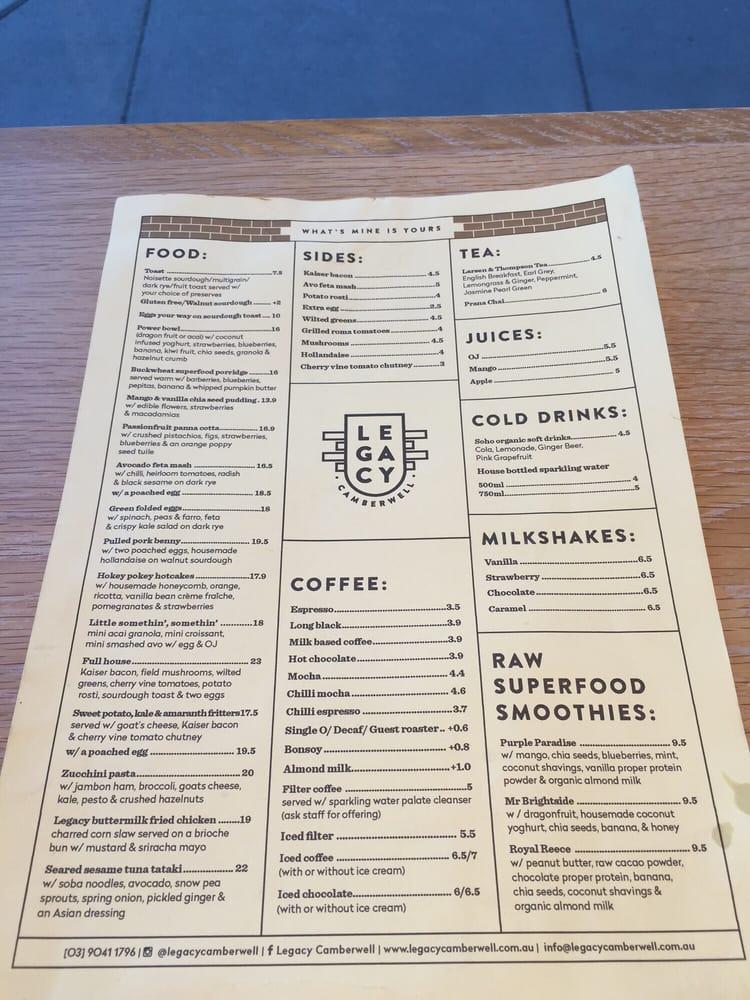 Menu at Legacy Camberwell cafe, Camberwell
