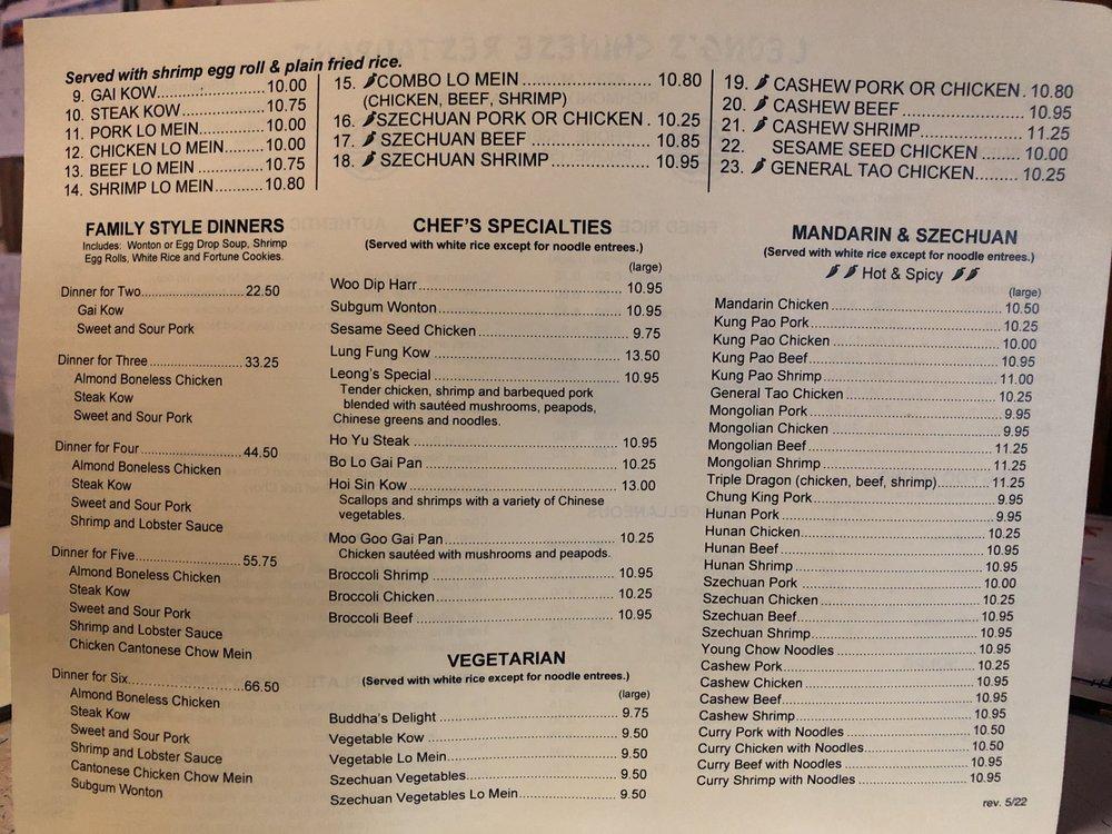 Menu at Leong Chinese Restaurant, Richmond