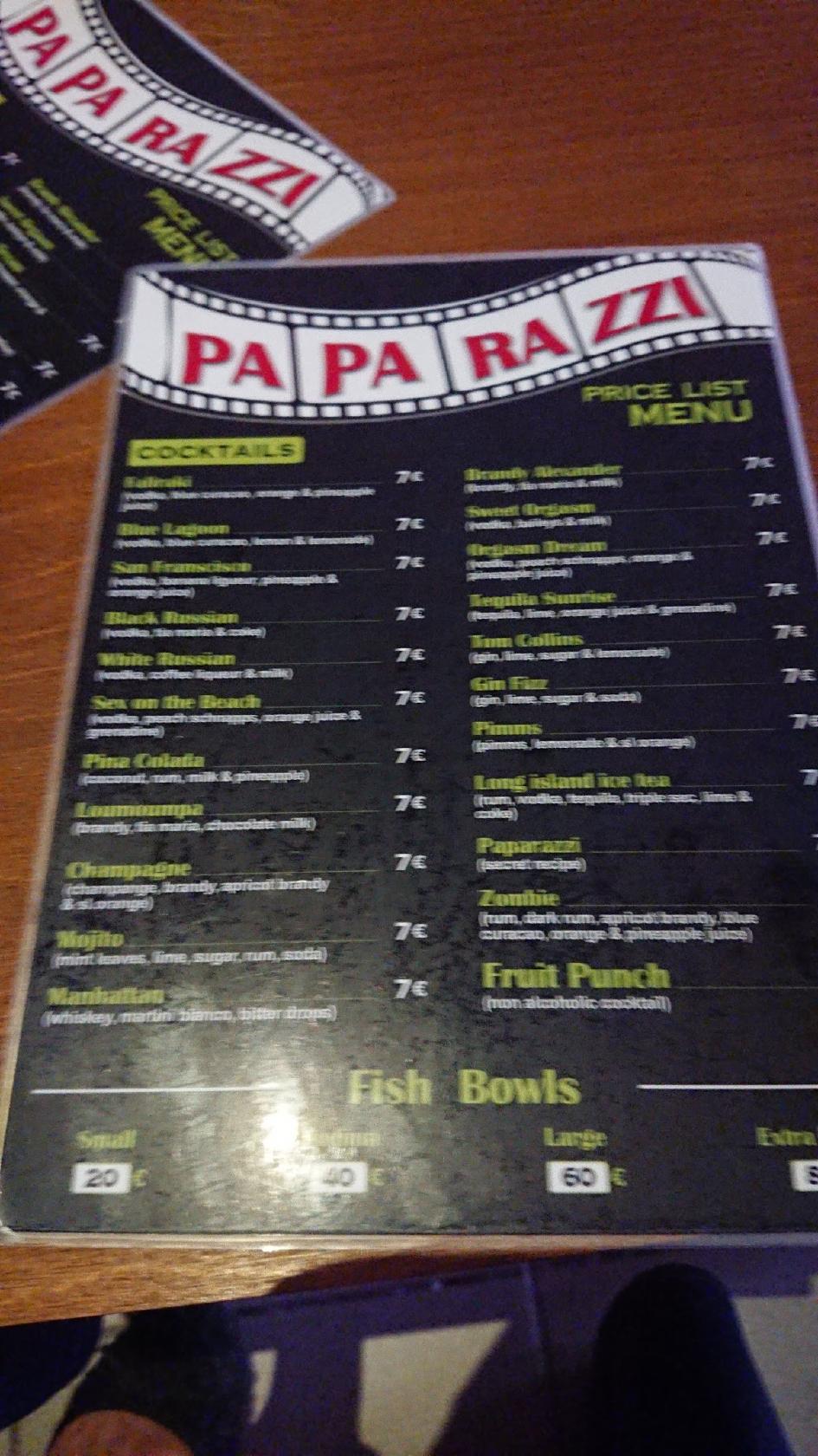 Menu at Paparazzi, Faliraki