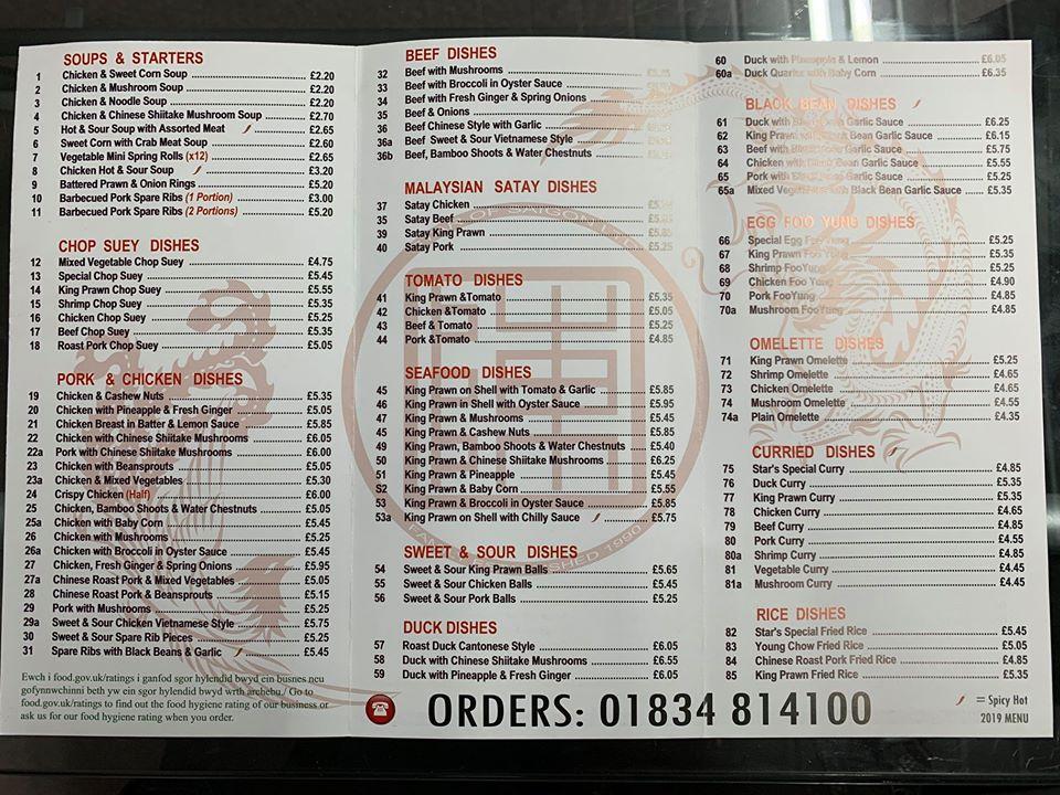 Menu at Star Of Saigon fast food, Kilgetty