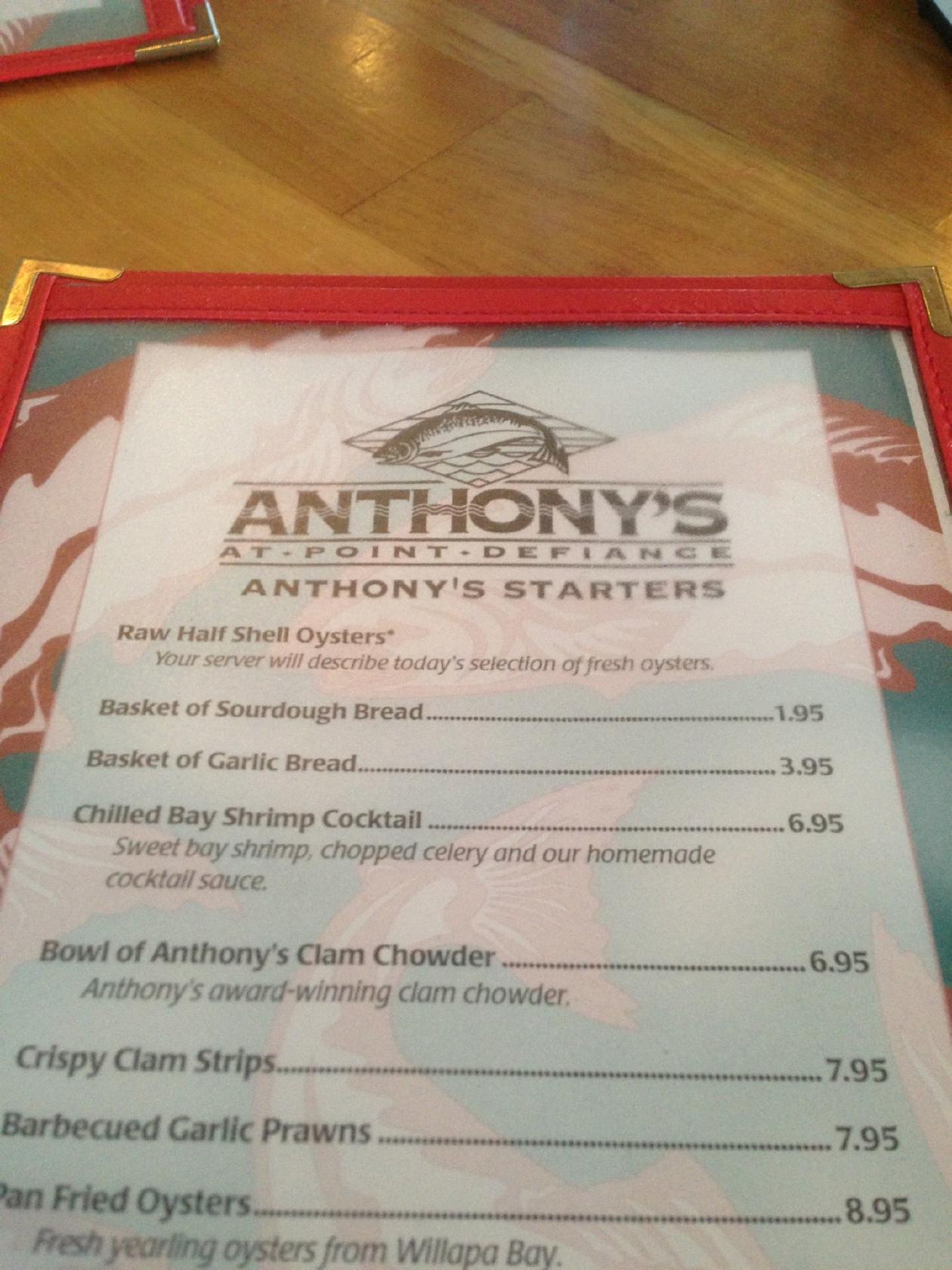 Menu at Anthony's At Point Defiance restaurant, Tacoma