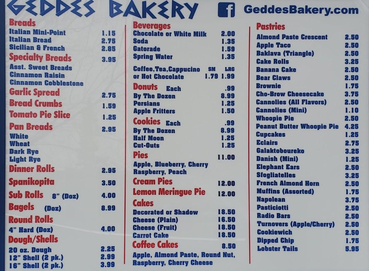 Menu at Geddes Bakery, North Syracuse