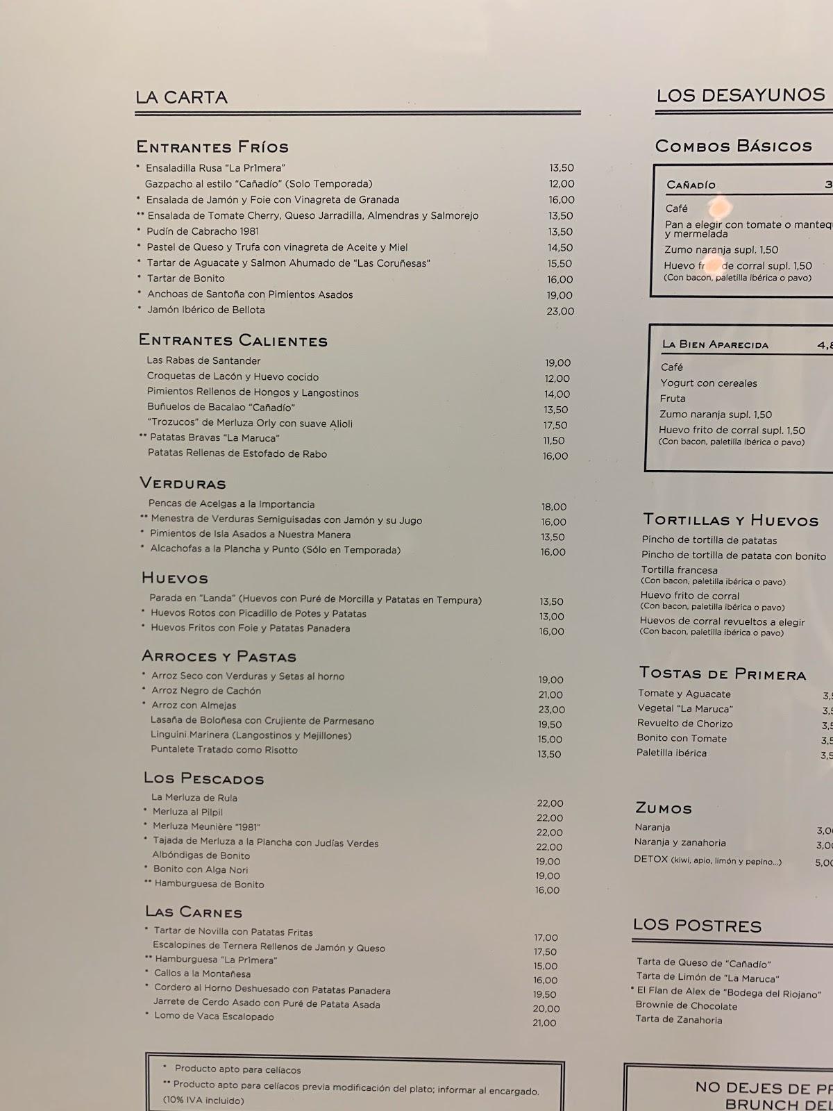 Menu at La Primera pub & bar, Madrid