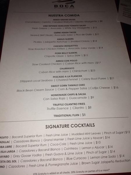 Menu at Boca restaurant, Los Angeles