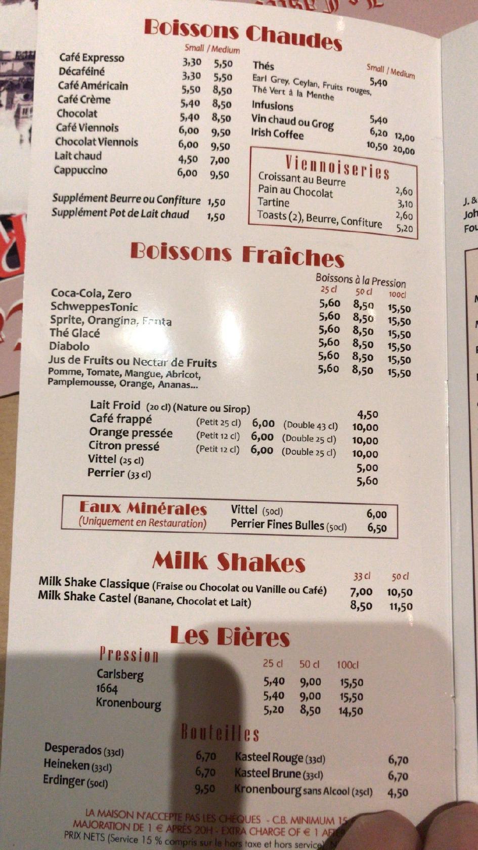 Menu at Castel Café, Paris, 5 Av. de Suffren
