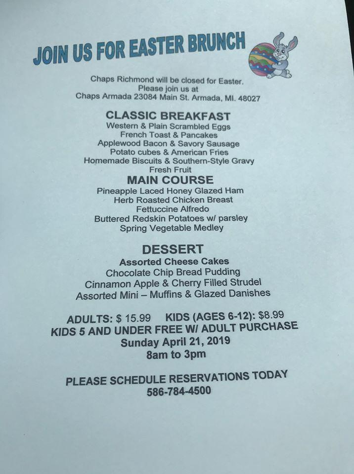 Menu at Chaps restaurant, Armada