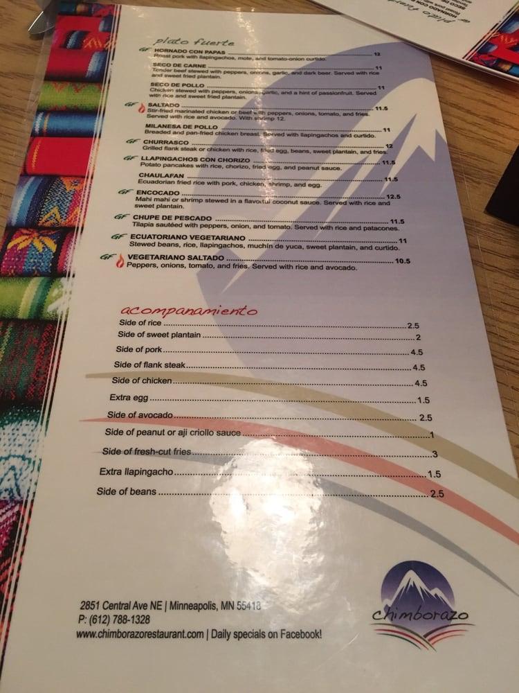 Menu at Chimborazo restaurant, Minneapolis