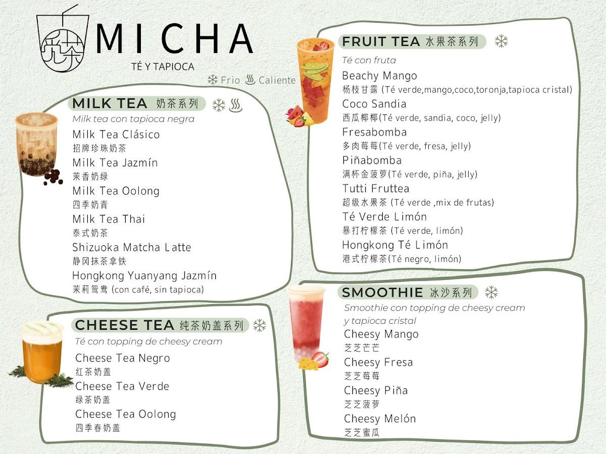 Carta de MI CHA 觅茶 té y tapioca, Irapuato