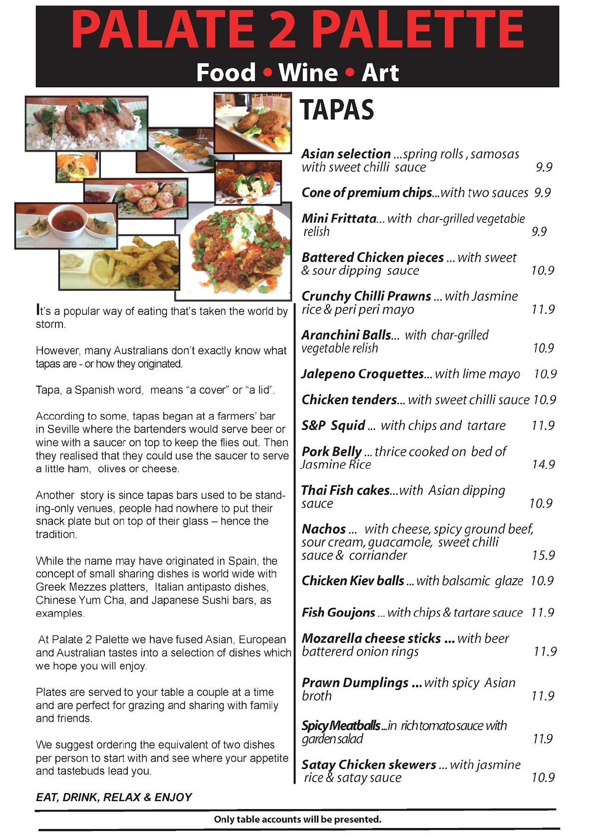 Menu at Palate 2 Palette restaurant, Port Broughton