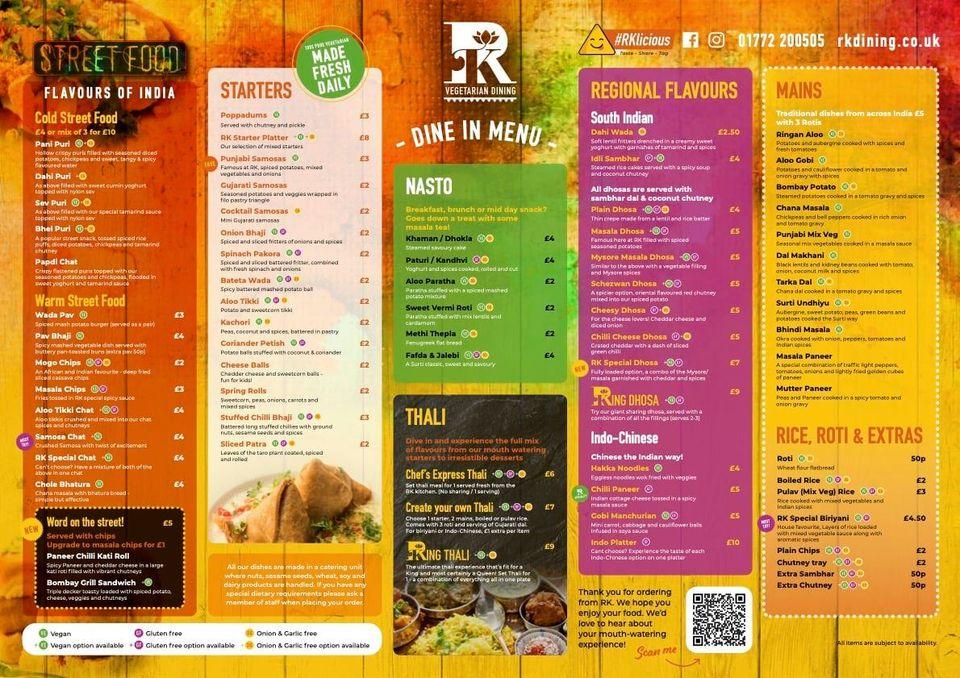 Menu at RK Dining restaurant, Preston