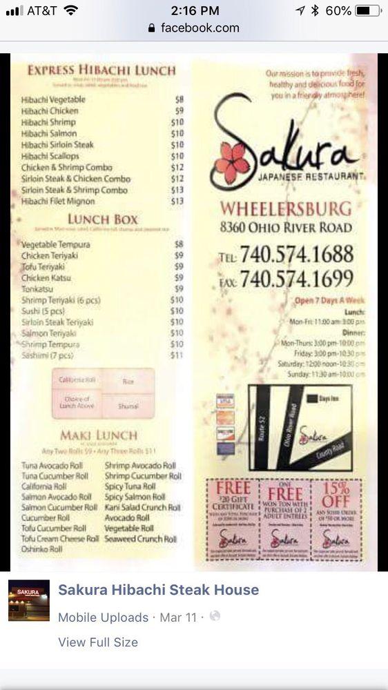 Menu at Sakura Hibachi restaurant, Wheelersburg