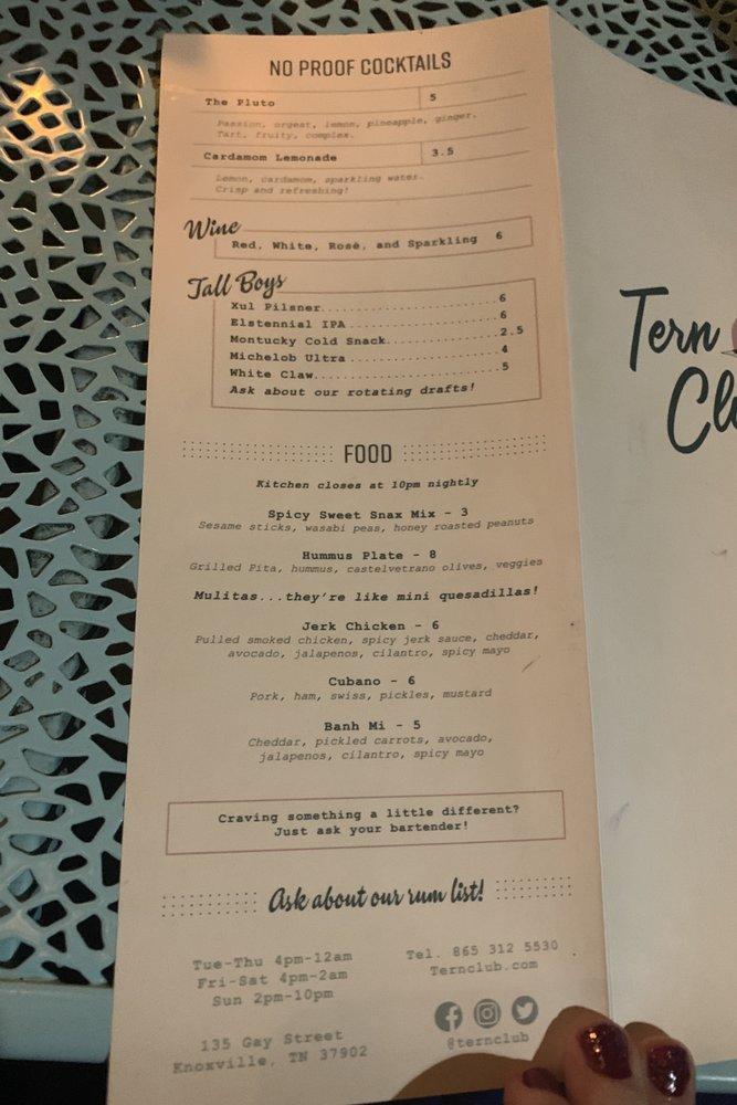 Menu at Tern Club, Knoxville