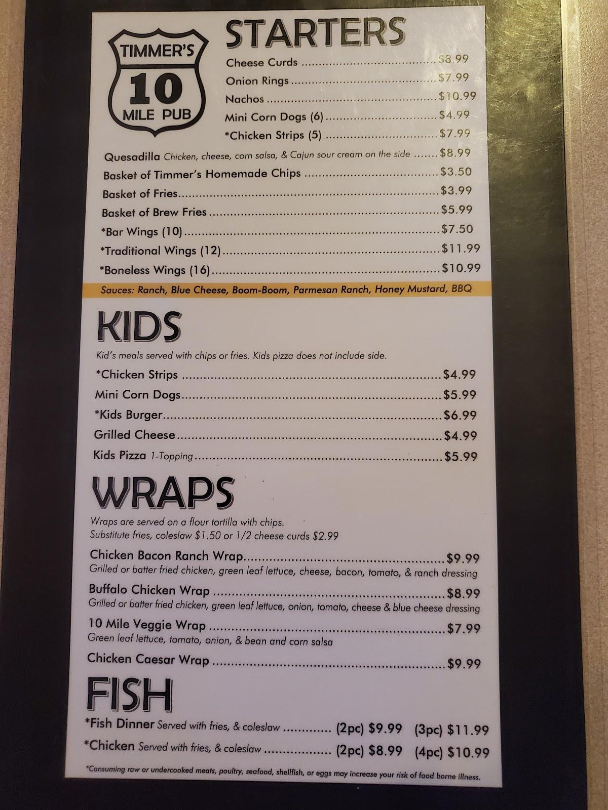 Menu at Timmer's 10 Mile Pub, La Crosse