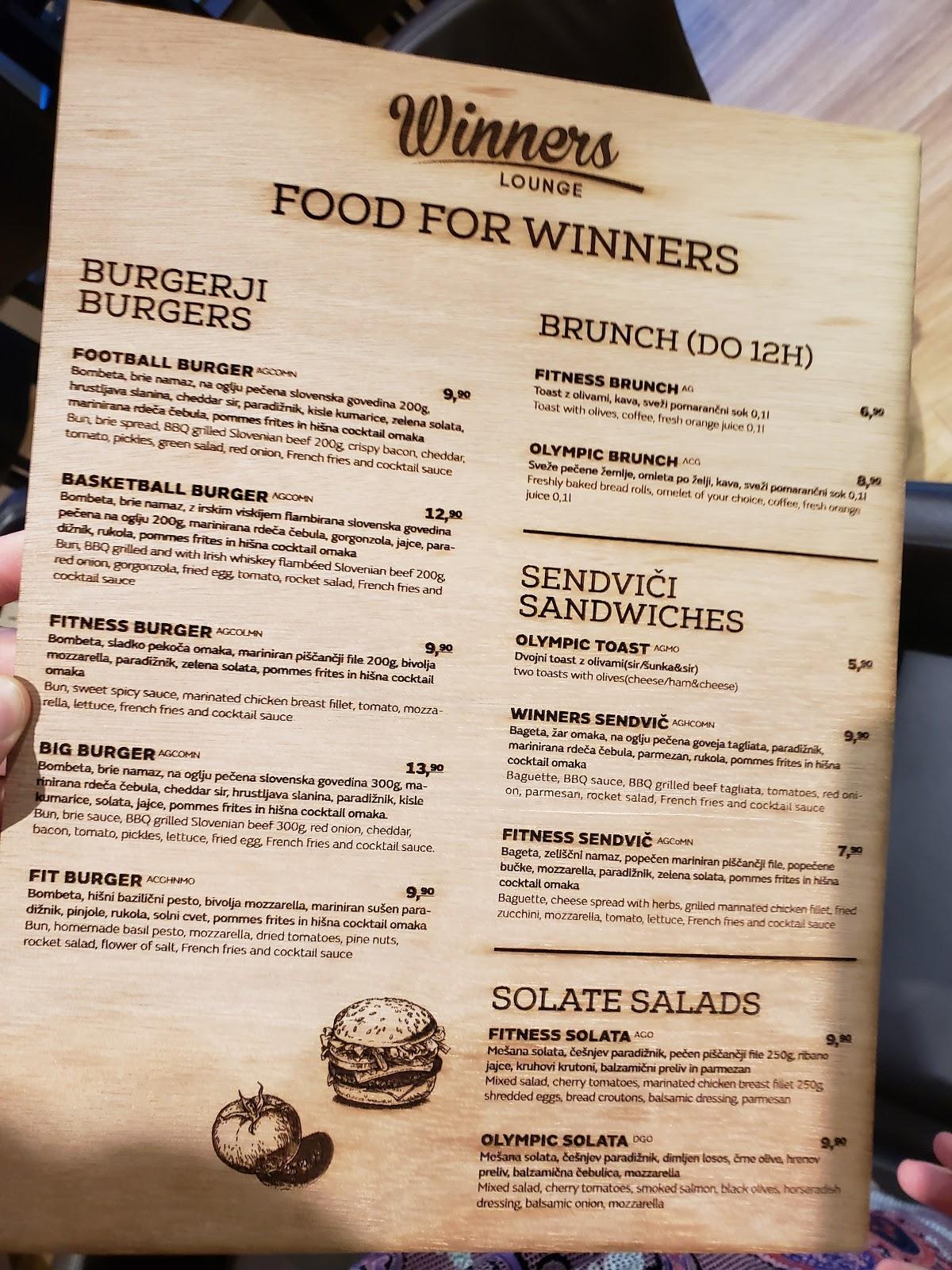 Menu at Winners Lounge restaurant, Ljubljana