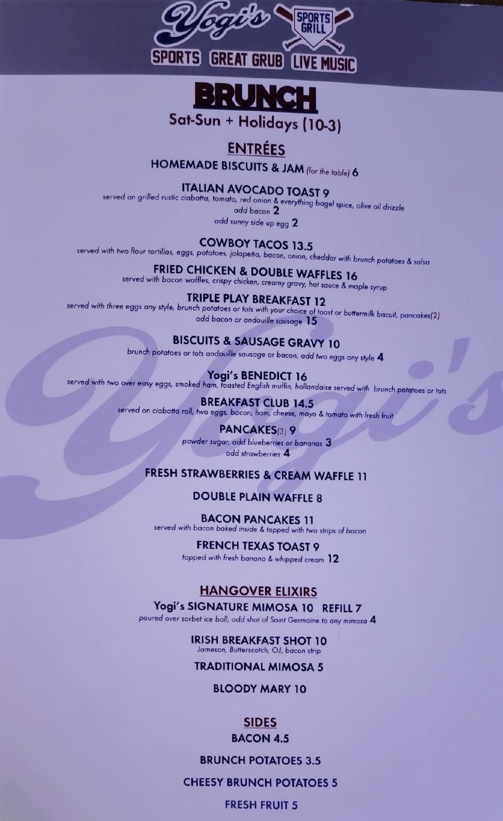 Menu at Yogi's Sports Grill pub & bar, Rockwall