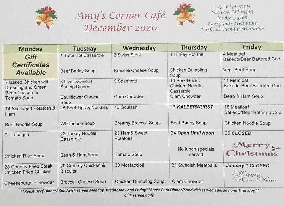 Menu at Amy's Corner Cafe, Monroe